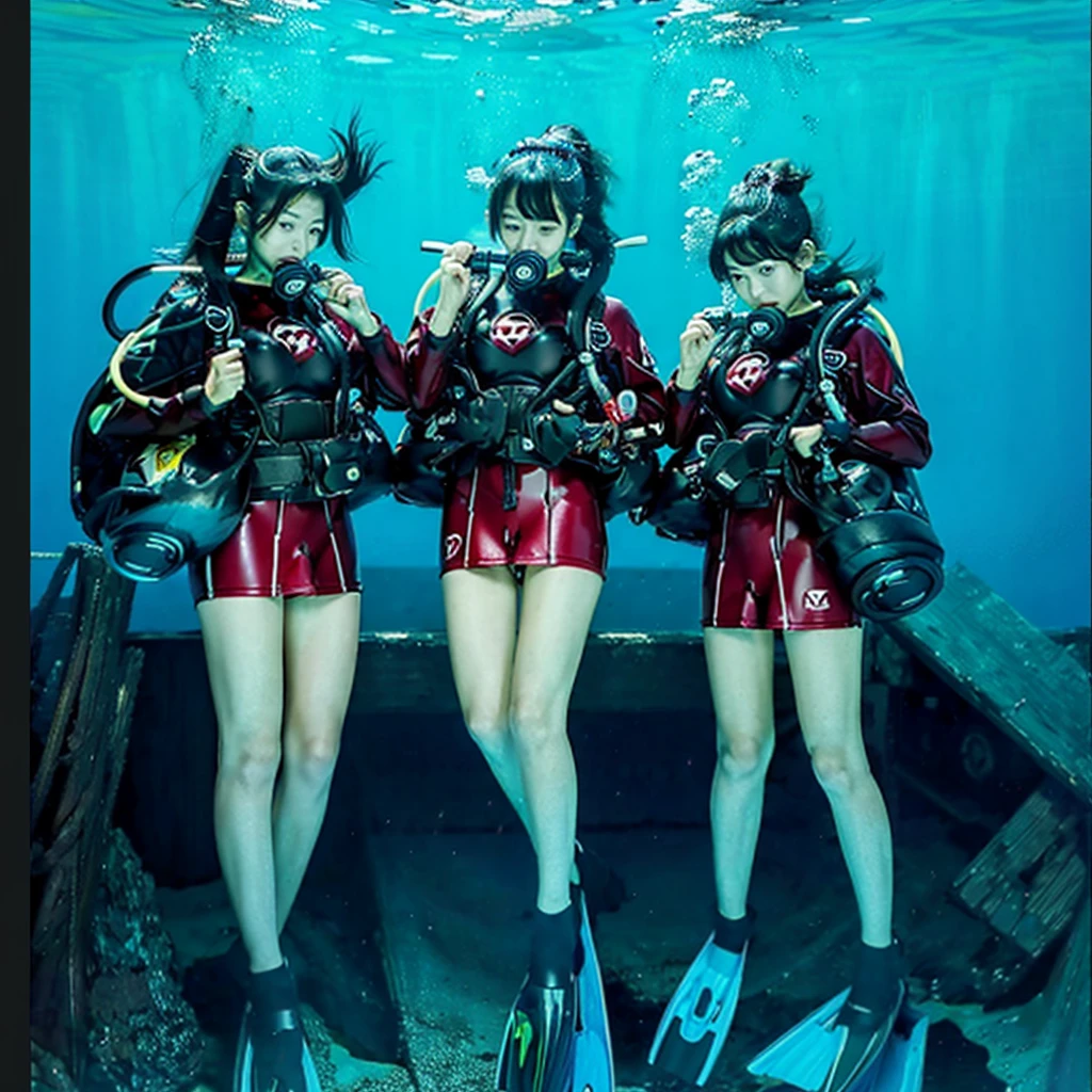 3 Japanese daughters wearing rubber suits holding scuba regulator ...