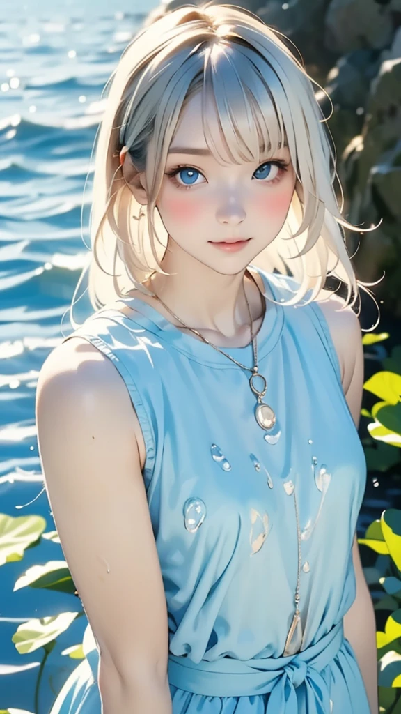 Anime style female character in water, (long white hair: 1.2 - SeaArt AI