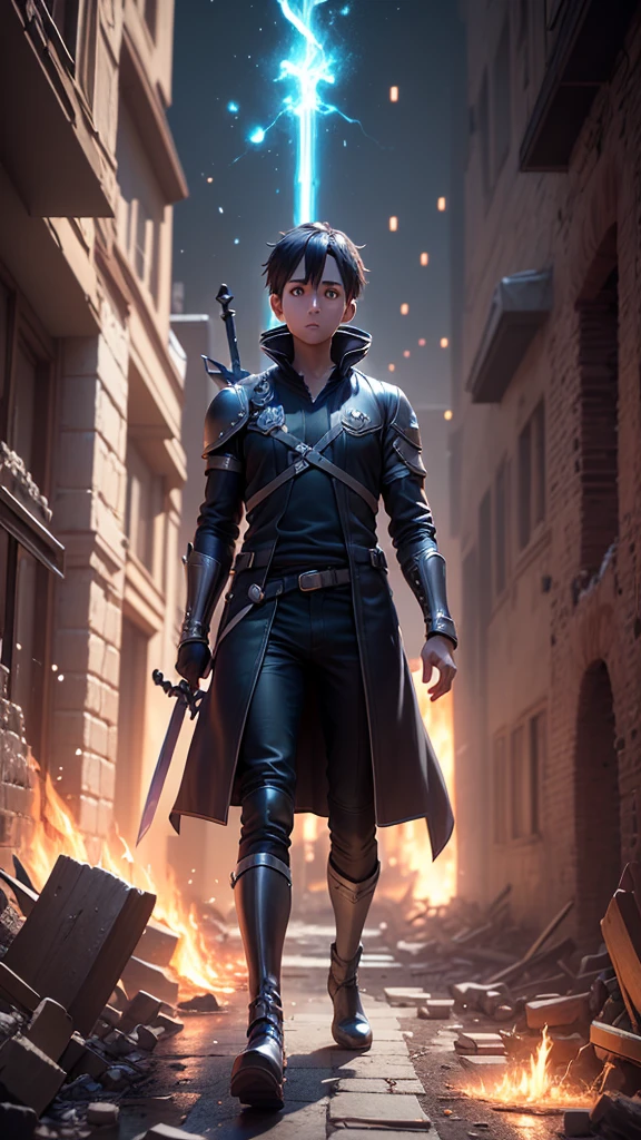 A detailed, frontal 3D shot of Kirito, full body, in his black ...