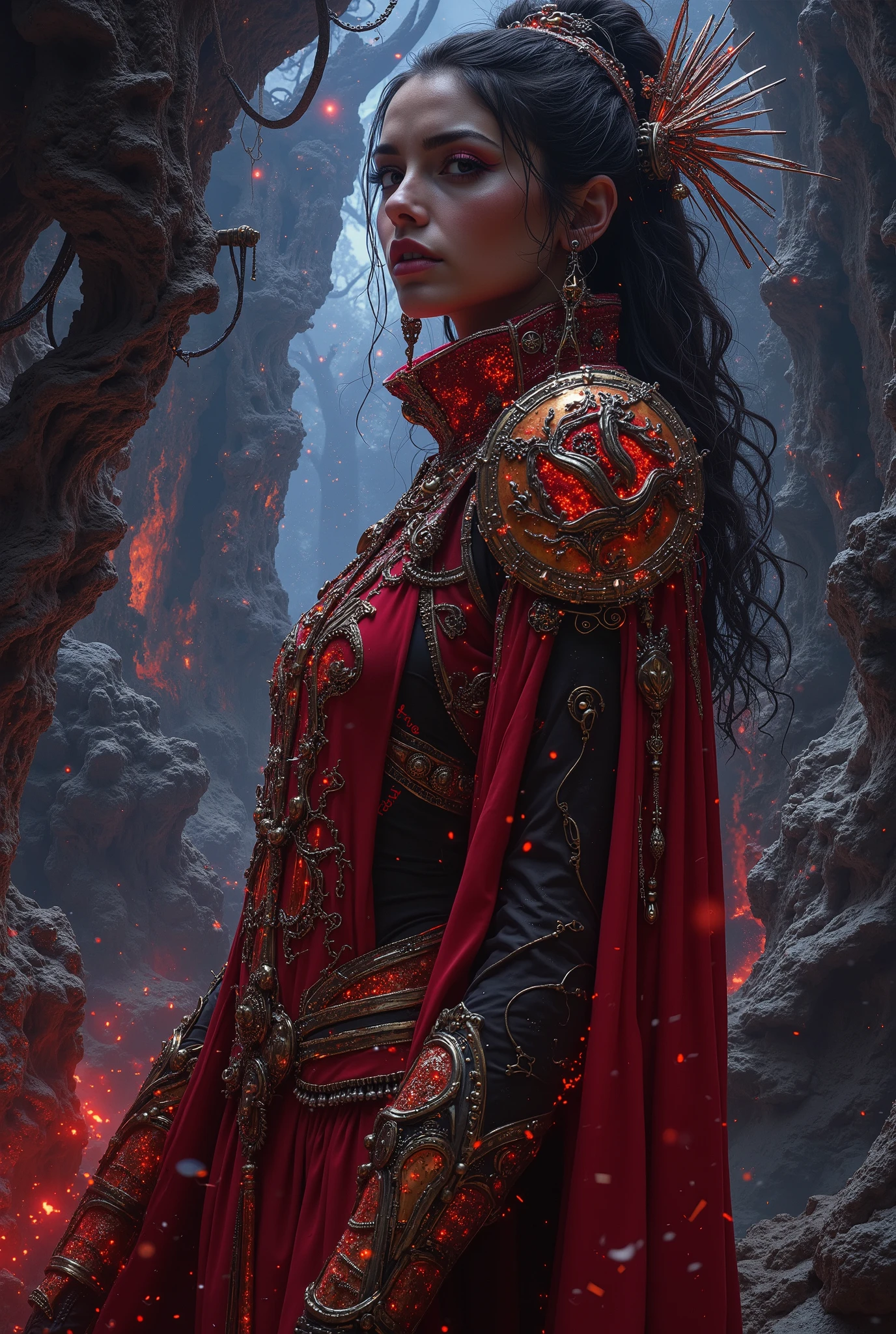 Arafed woman in a red dress and a red cape stands in a cave - SeaArt AI