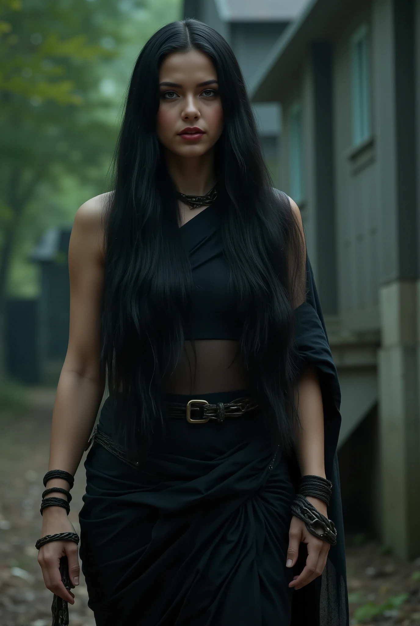 Arafed woman with long black hair walking down a path - SeaArt AI