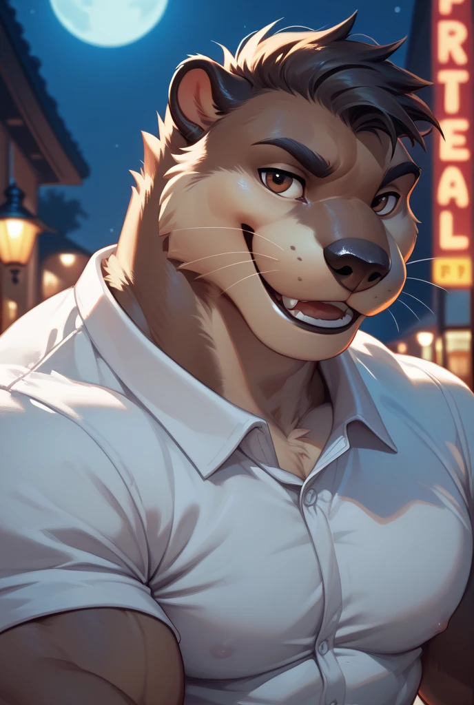 Otter, anthropomorphic, white shirt, muscular, cocky smile, brown eyes ...