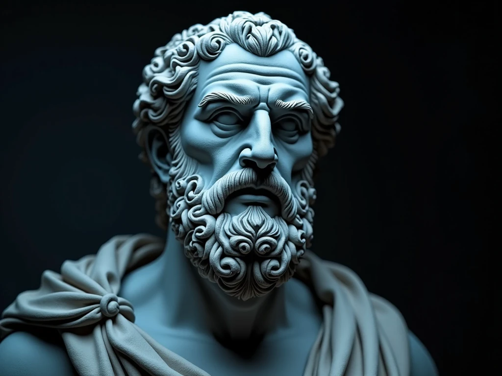 Create a striking image of a statue of a classical Greek philosopher ...