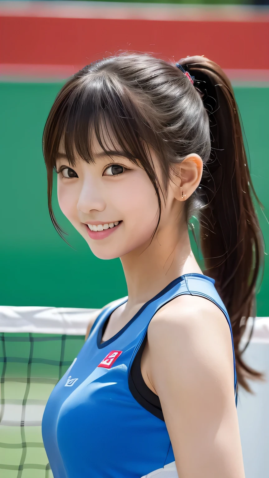 Arafed asian woman with ponytail in blue top and tennis racket - SeaArt AI