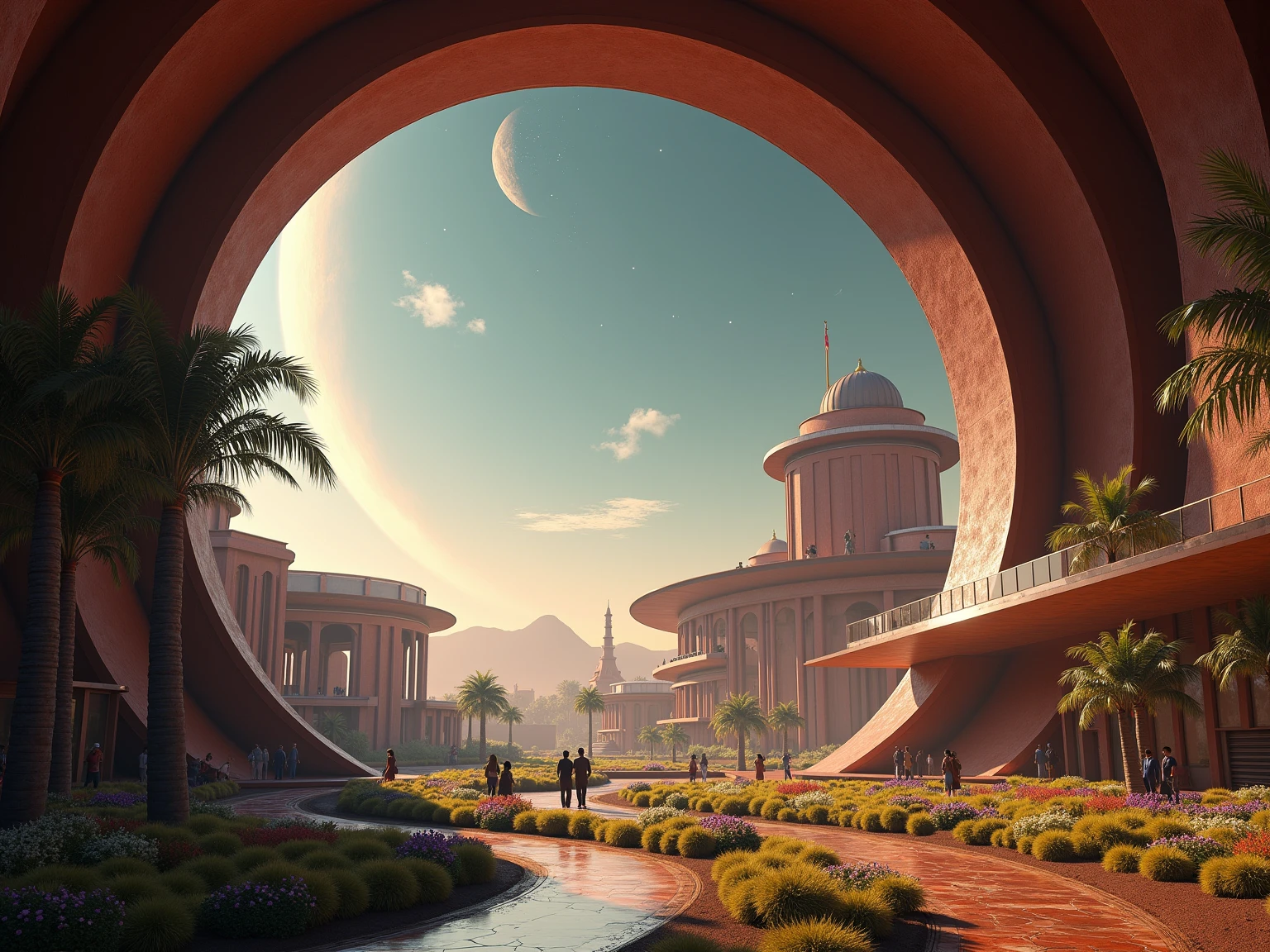 A photo taken from inside a large space colony on Mars with a clear ...