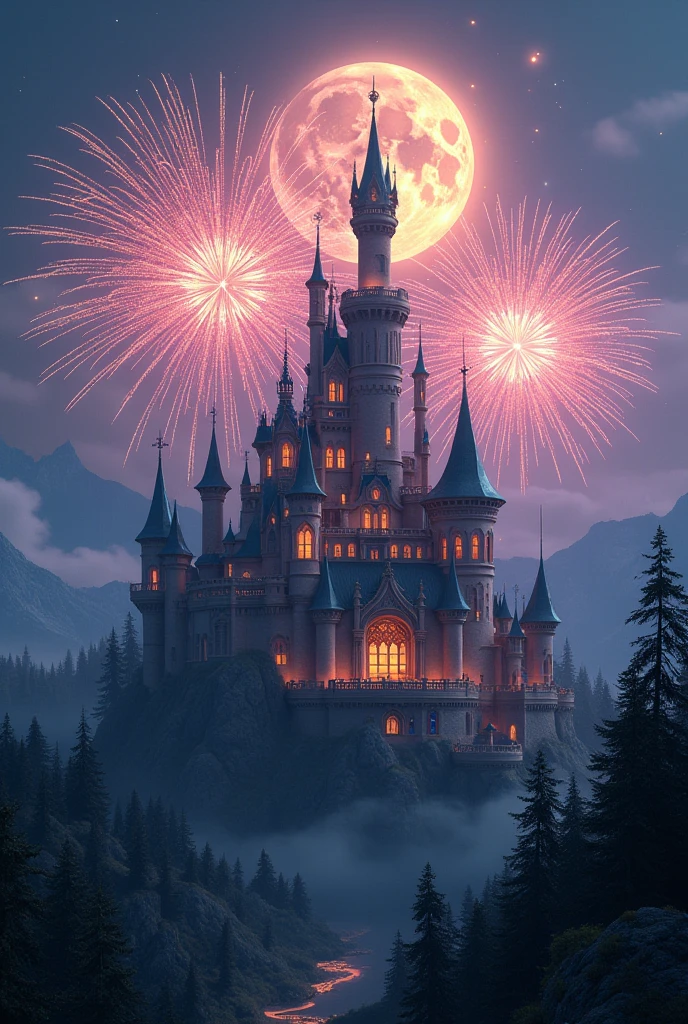A princess castle, medieval , fireworks , with a magnificent moonlight ...