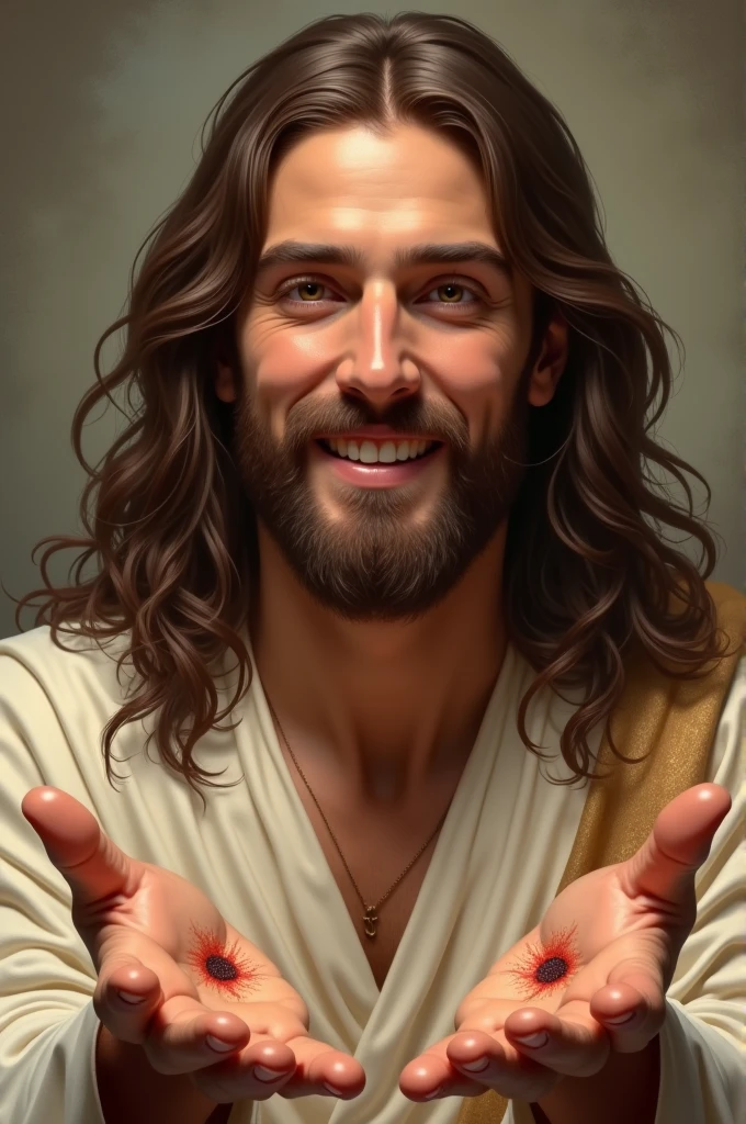 Create the image of a smiling 30-year-old Jesus with white teeth with a ...