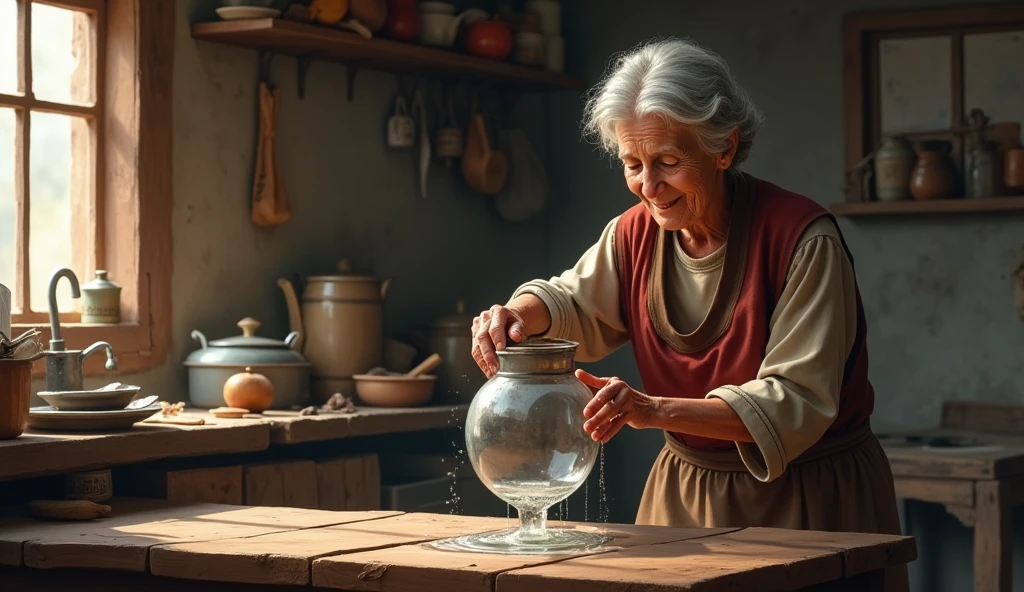 Old woman Selena picked up an empty jar and began pouring water into it ...