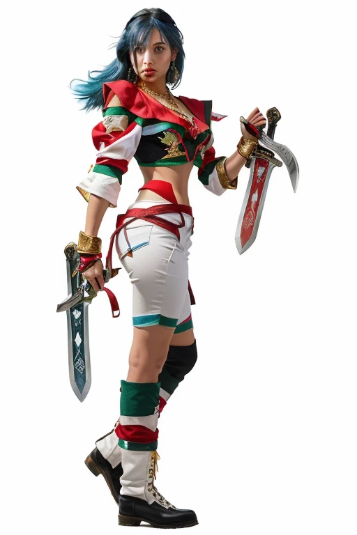 Photo realistic of a female character with blue hair and a fierce ...