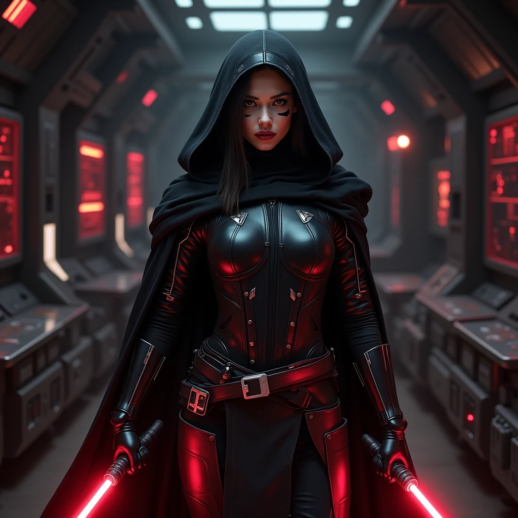A fierce and commanding Sith warrior with a dark hooded cloak and sleek ...