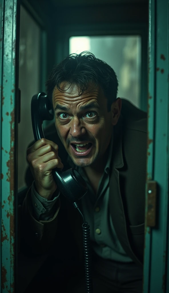 A frightened man holding a telephone receiver inside a creepy old phone ...