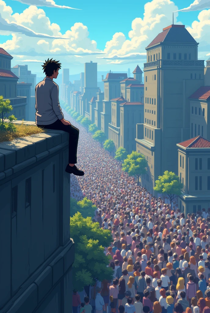 a cartoon of a man sitting on a ledge looking at a crowd of people ...