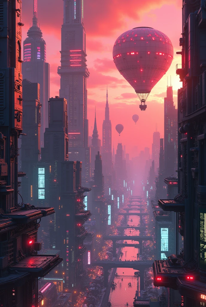 Cyberpunk City. With balloon air and crimson sky. Camera angle left up ...