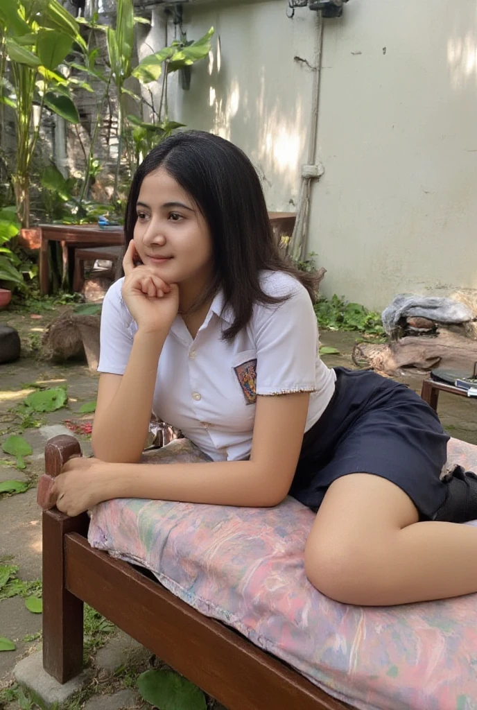 Indonesian schoolgirl lying on bed. - SeaArt AI