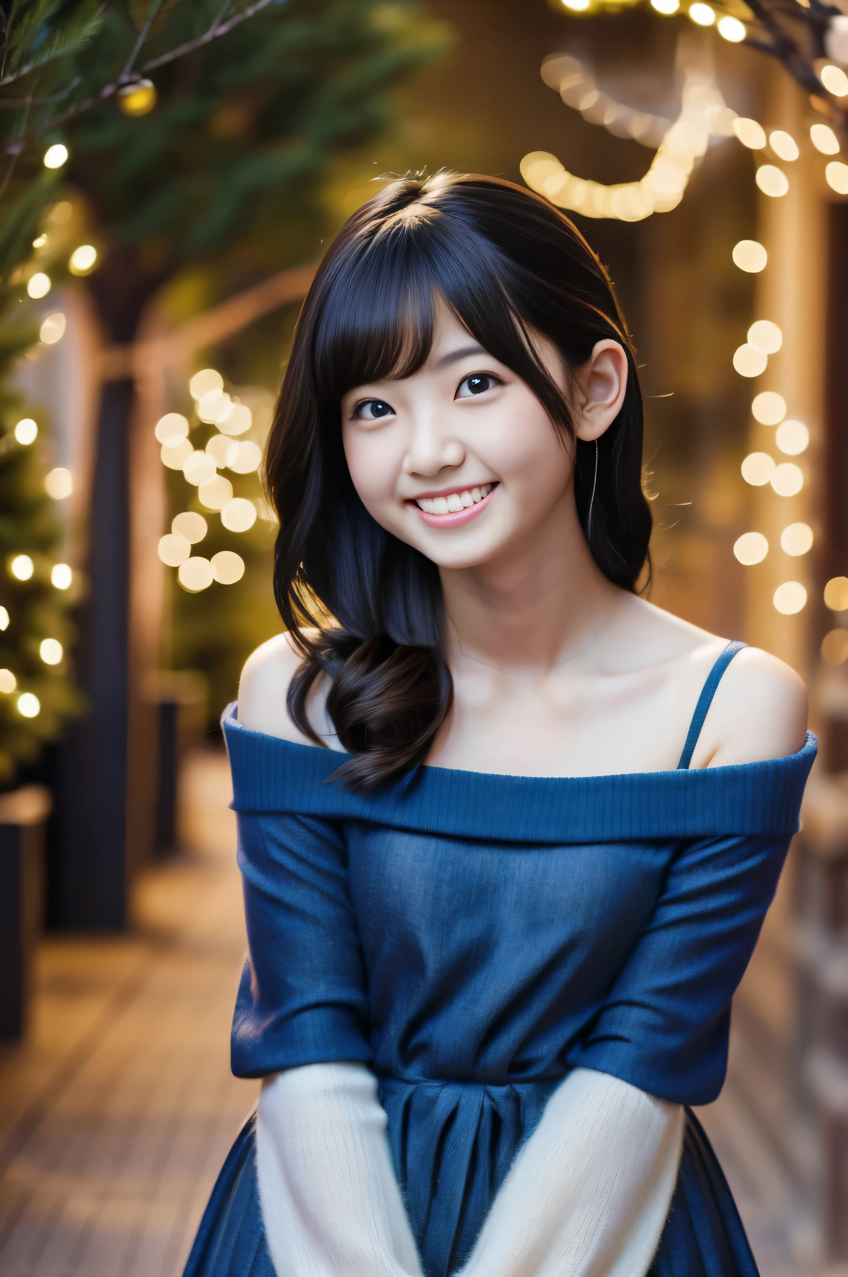 Arafed asian woman in blue dress smiling in front of a tree - SeaArt AI