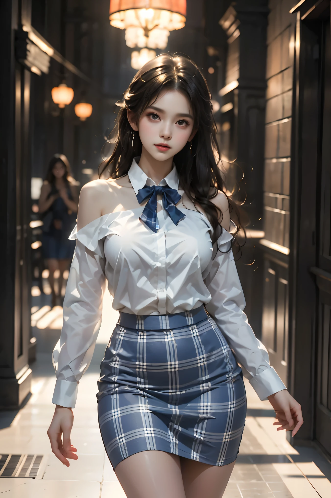 There is a woman in a skirt and a shirt walking down a hallway - SeaArt AI