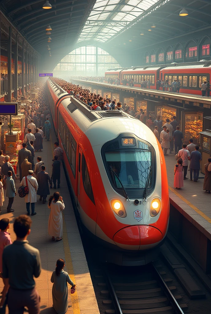 Vande bharat train full of people driving through a railway station at ...
