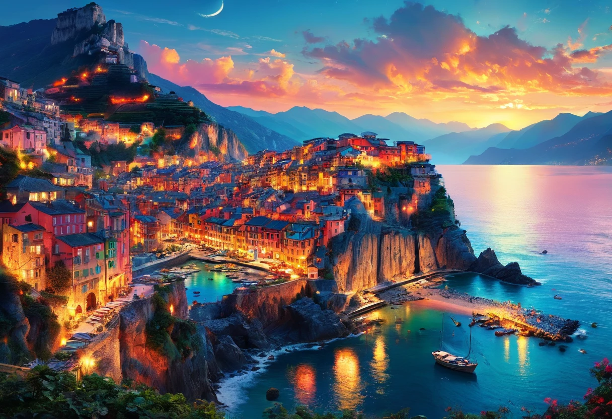 海を見下ろす崖の上の町の night view, Matte painting by Tom Weinerstrand - SeaArt AI