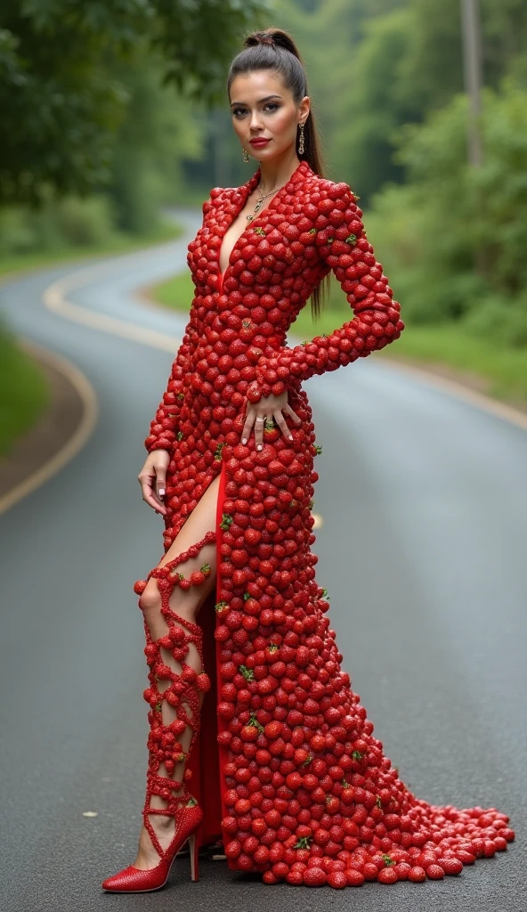 A model woman on road and wear strawberries her body fully cover with a ...