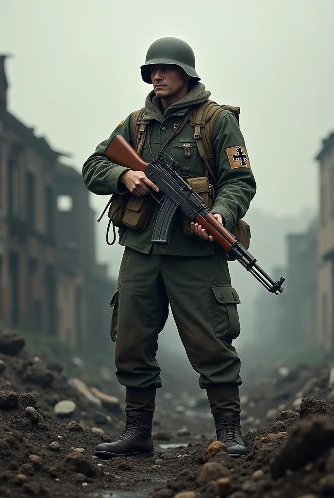 A ww2 soldier without helmet holding StG 44 assault rifle - SeaArt AI