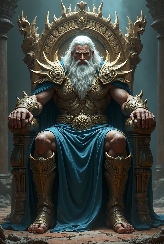 A huge man with white hair in armor sitting on a tall throne made of ...