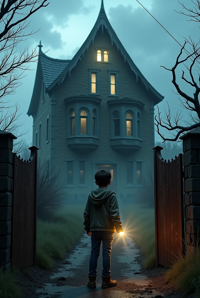 A young boy, around , stands nervously in front of a large, eerie ...
