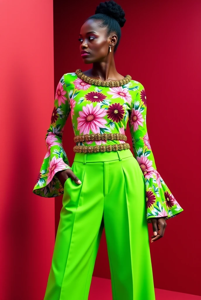 So its neon green co-ord set with pink maroon and white flowers i want ...