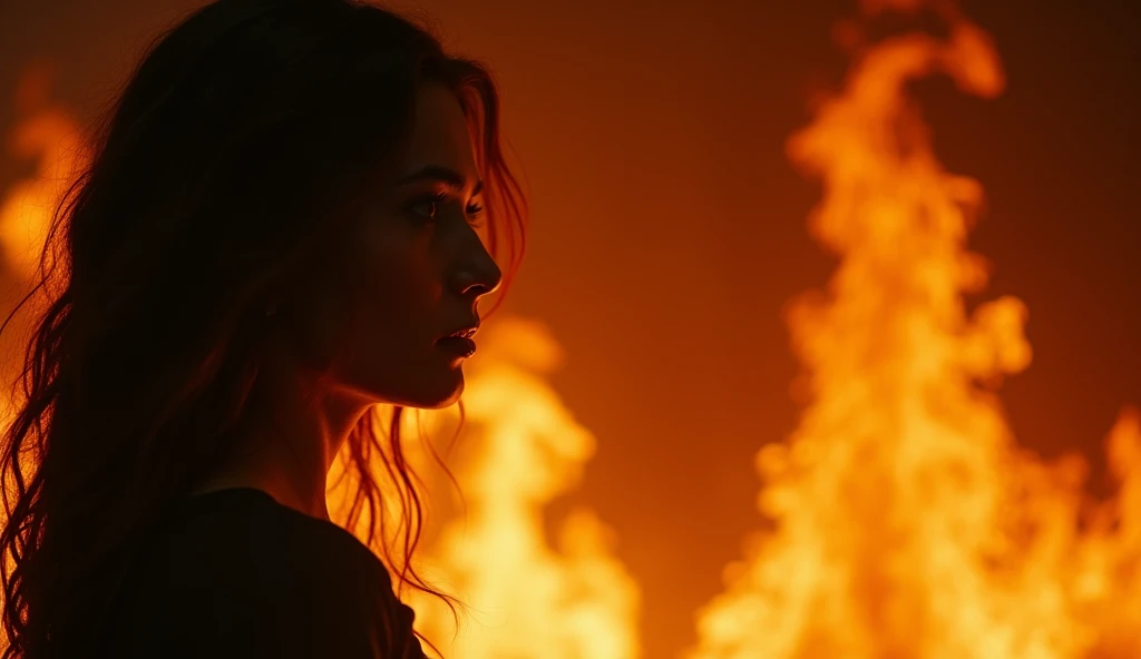 Sayra approaches the burning flame, and her presence seems deep - SeaArt AI