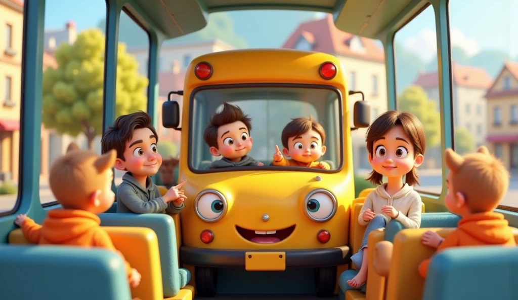 "Inside the 3D cartoon bus, parents motion (index finger on mouth ...