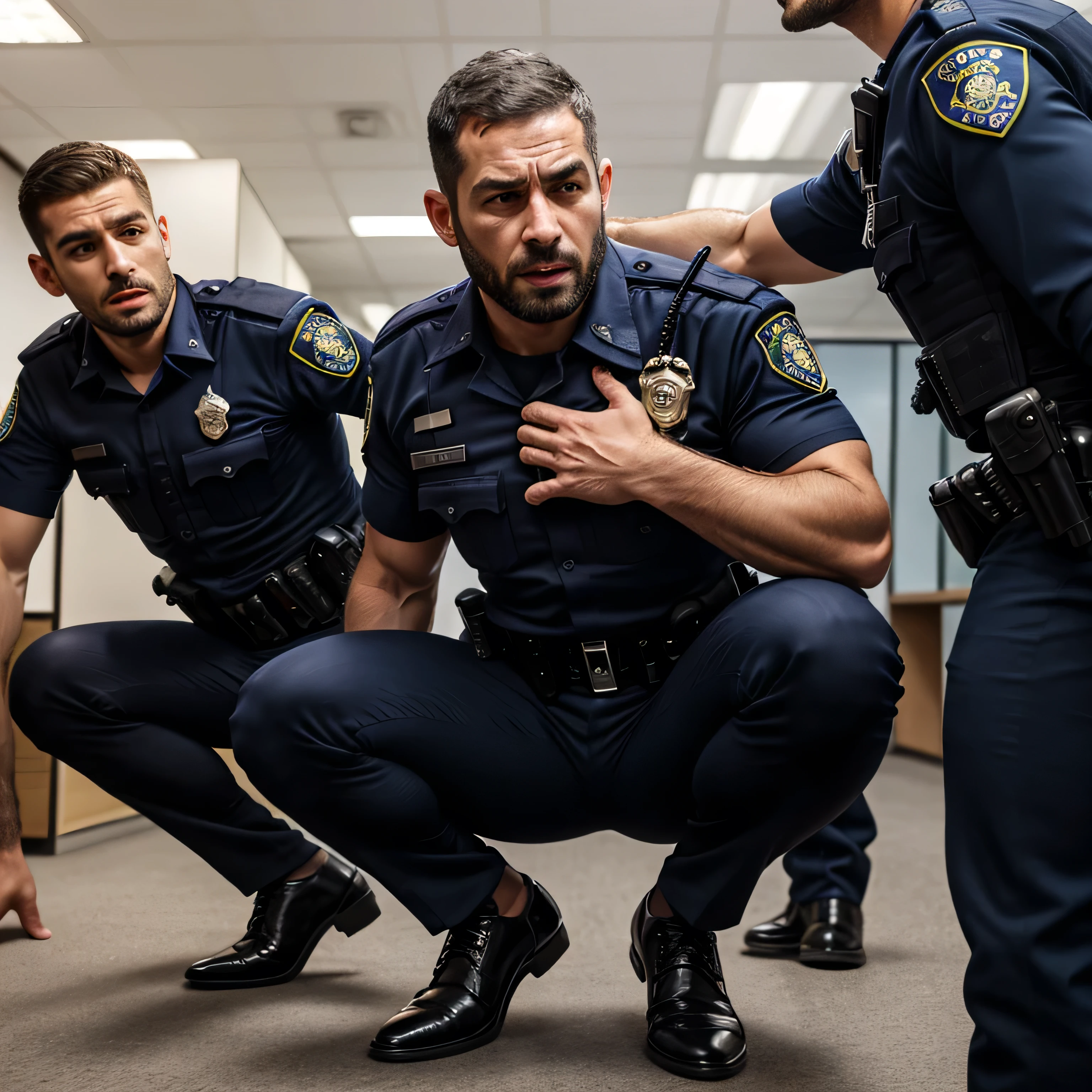 Three police officers kneeling down in a circle in a room - SeaArt AI