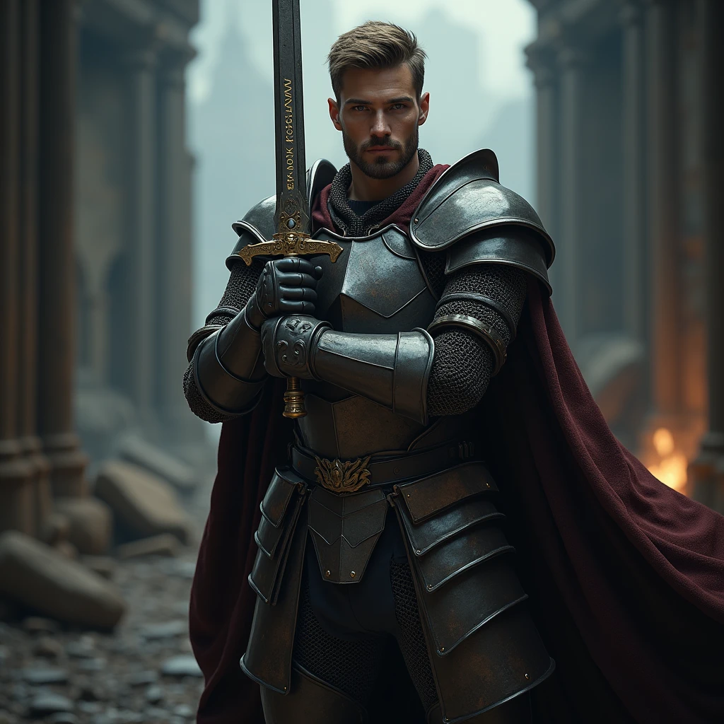 A handsome knight , brave , glowing , holding a sword inscribed wow388 ...