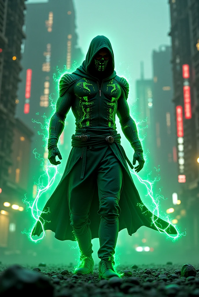 Green flaming cyber male ninja - SeaArt AI