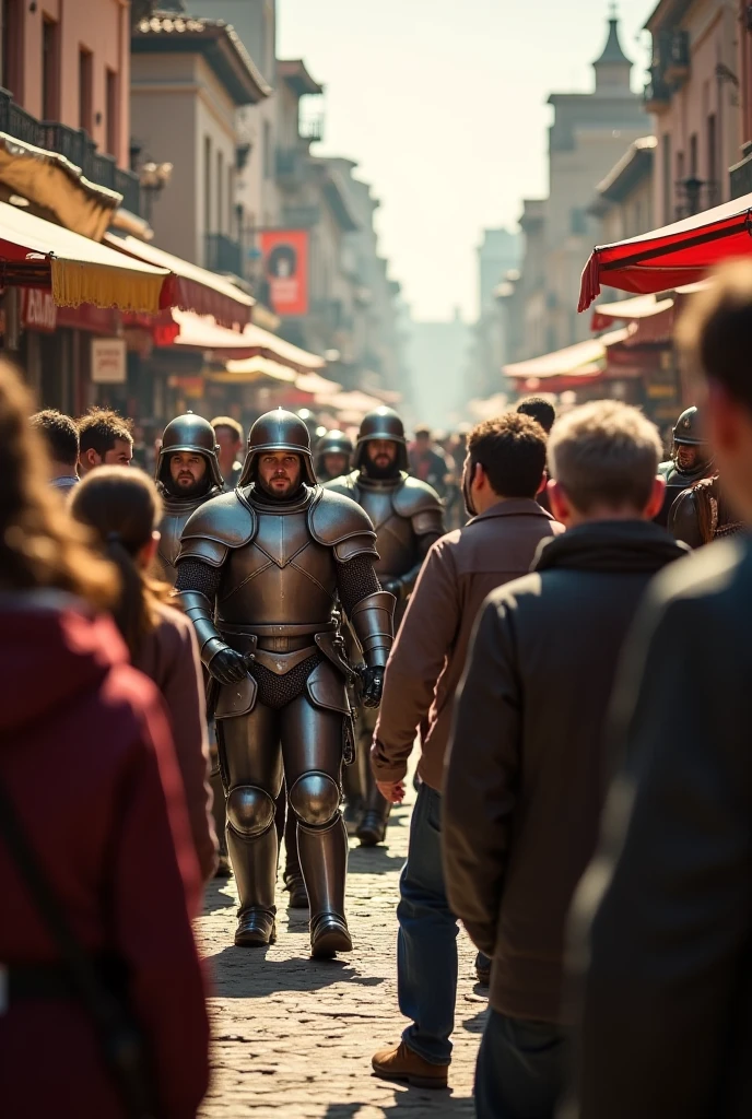 In the distance, a small group of guards in shining armor push through ...
