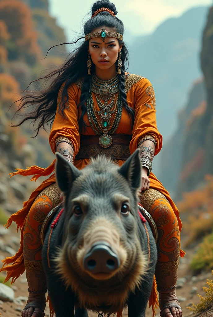 A woman riding a boar with harness, woman holding a whip, detailed face ...