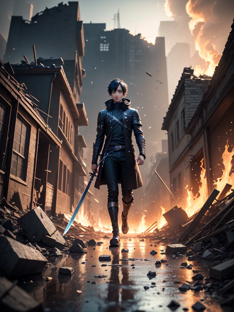 A detailed 3D, scene frontal full body, depiction of Kirito in his ...