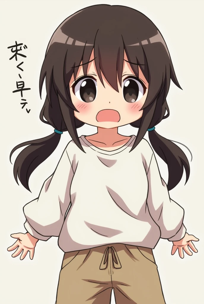 Chibi anime-type woman who is scared, Who has dark brown hair with two ...