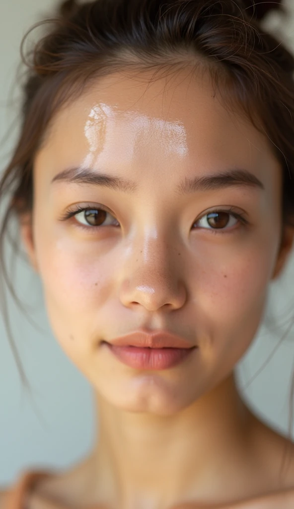 A young woman with visibly shiny and oily skin, focusing on the ...