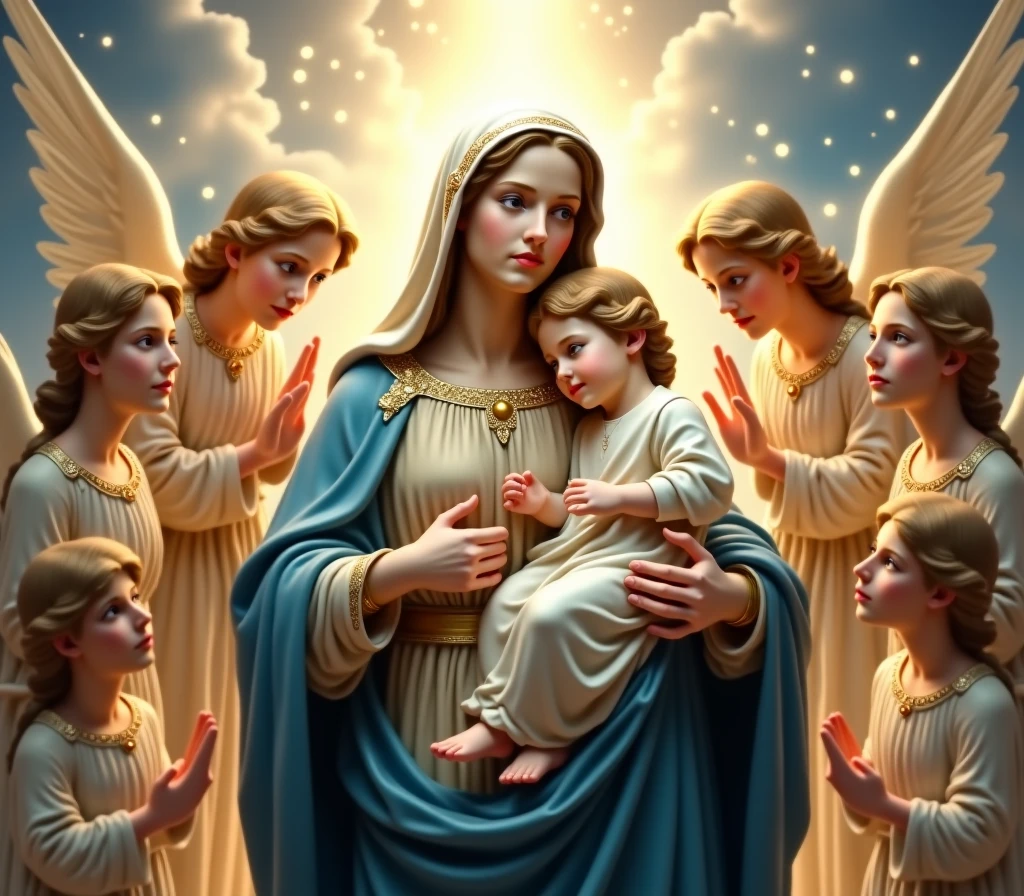 An ultra-realistic scene of Our Lady , dressed in a heavenly blue cape ...