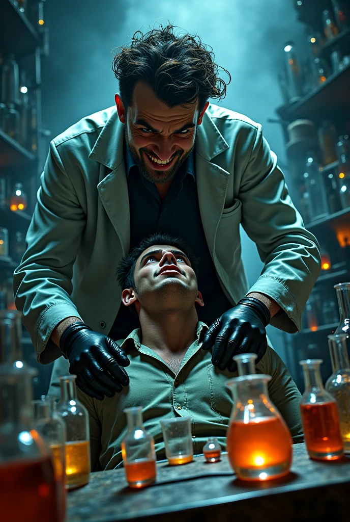 A crazy scientist with black gloves experimenting with a gay man ...