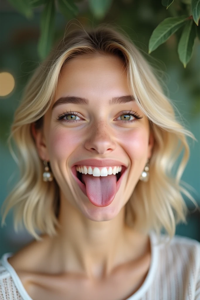 A young woman with light blond hair shows her tongue and smiles broadly ...