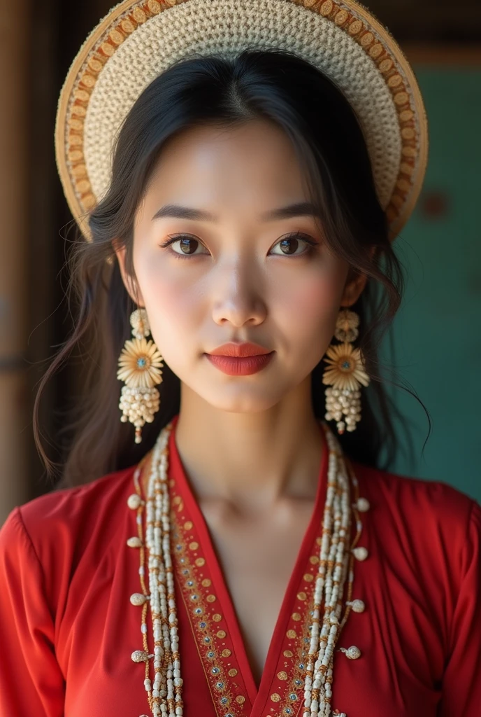 A close up of a person in a red dress with a white headdress - SeaArt AI