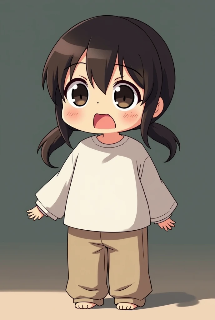 Scared anime-type chibi woman, who has dark brown hair with two low ...