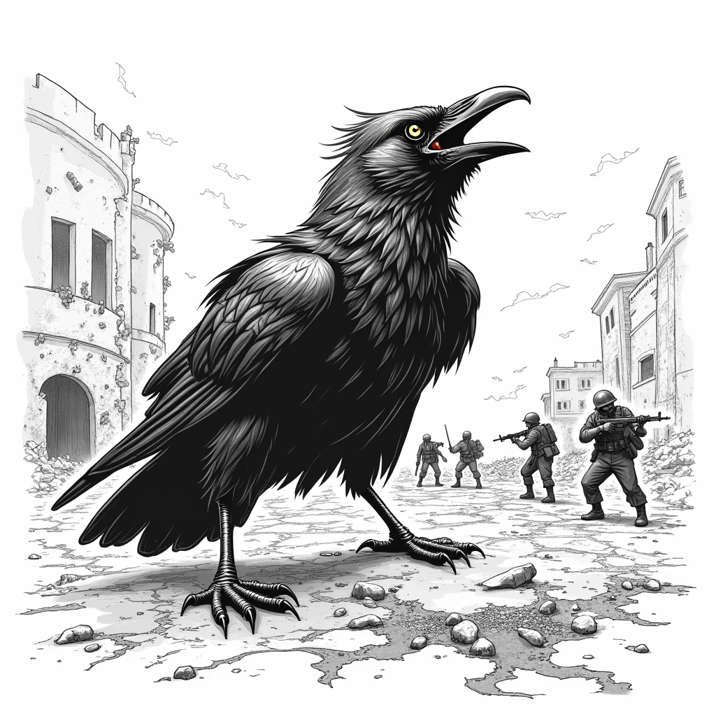 A line drawing of an angry crow in an active battlefield with bombed ...