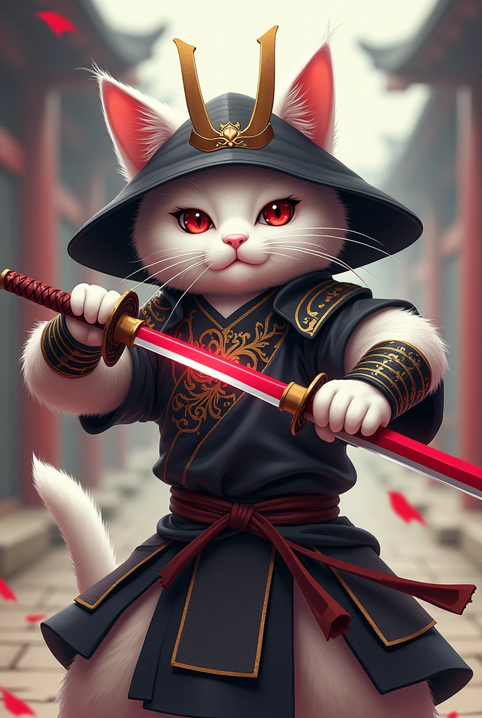 Create the anime-style image of a white humanoid cat wearing a black ...