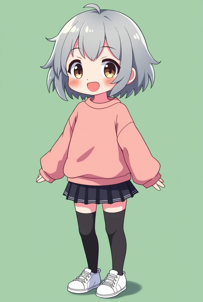 Draw an anime chibi girl with short gray hair, cute pink sweatshirt ...