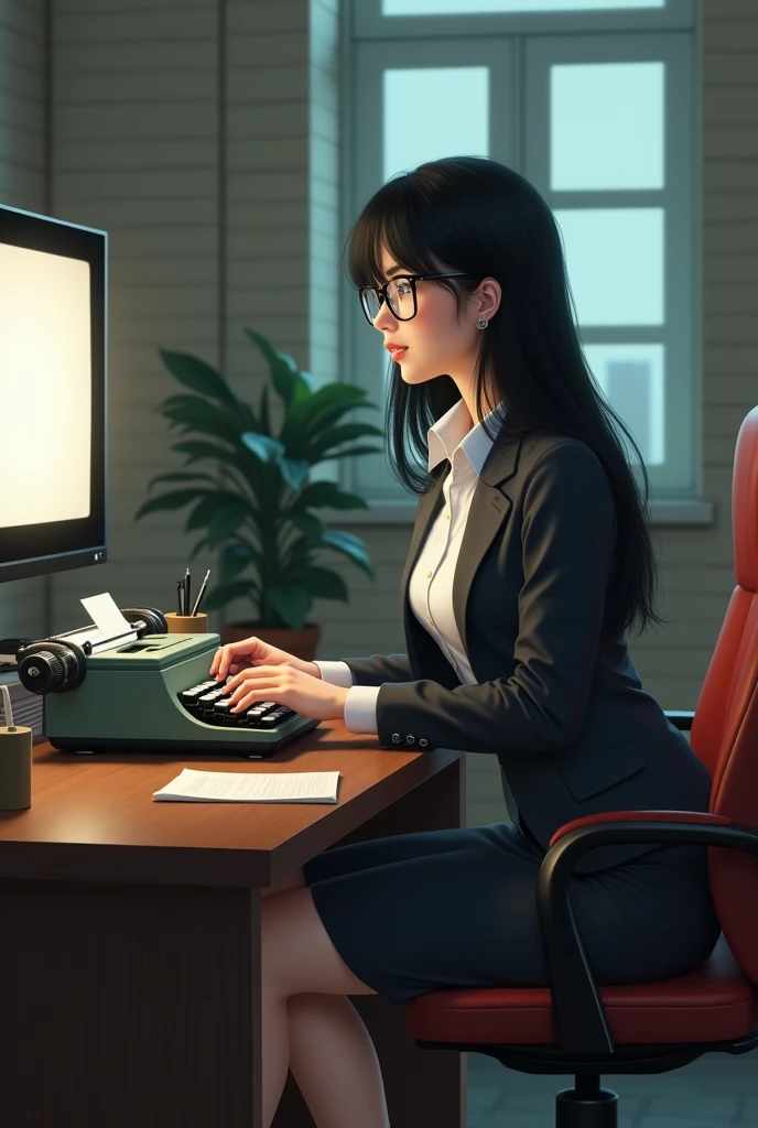 Now she creates a black-haired reporter dressed as an office - SeaArt AI