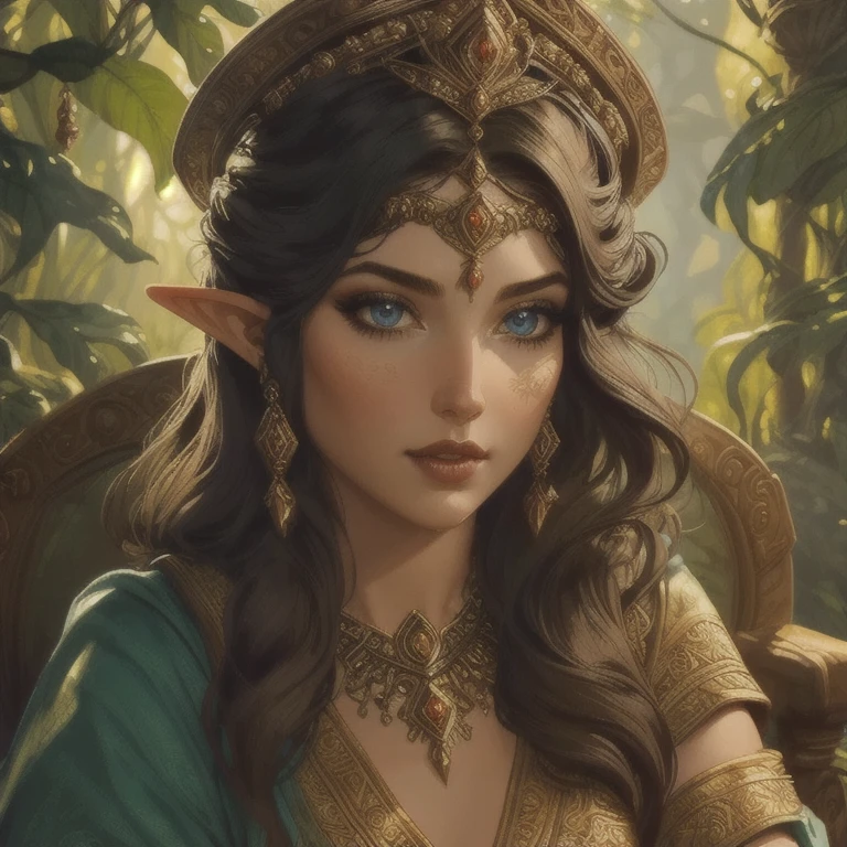 a young elf princess with long flowing hair, sitting on the throne of ...