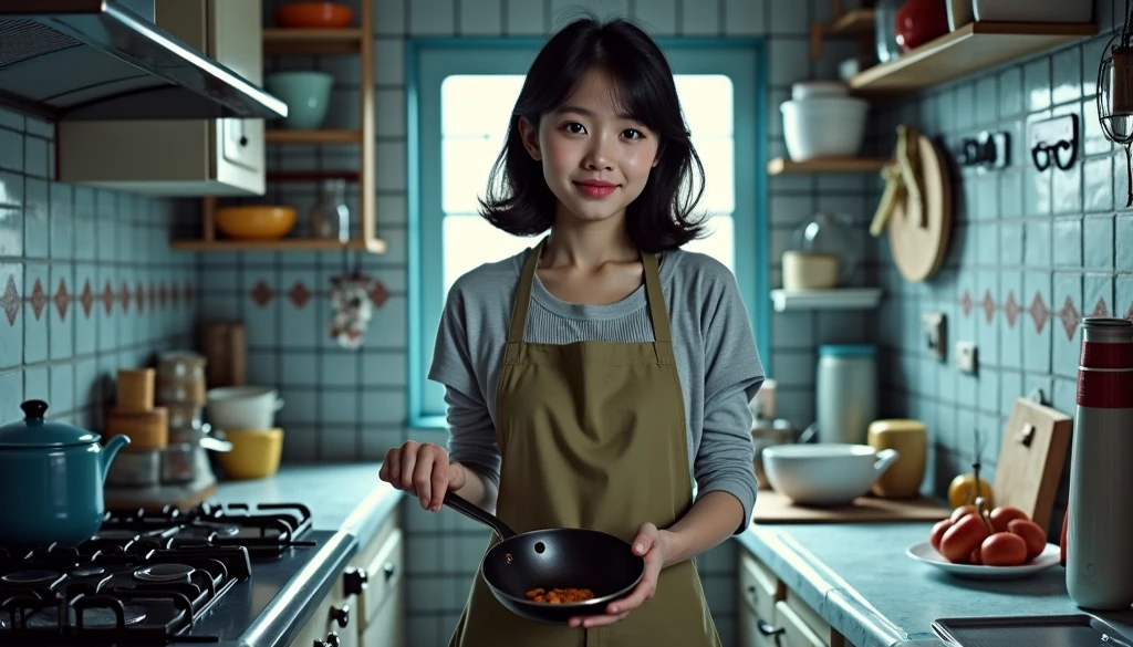 Showa 50s 、8pm、Small kitchen in a dark apartment、My Beloved Daughter ...