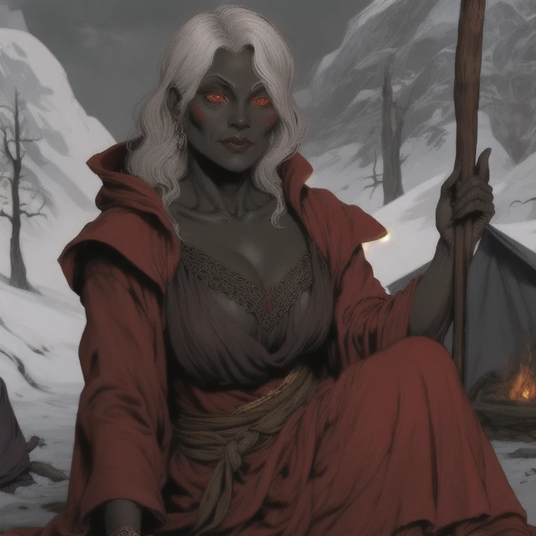 , Drow Woman , O ELFO NEGRO, In a reddish-red robe , In medieval ...