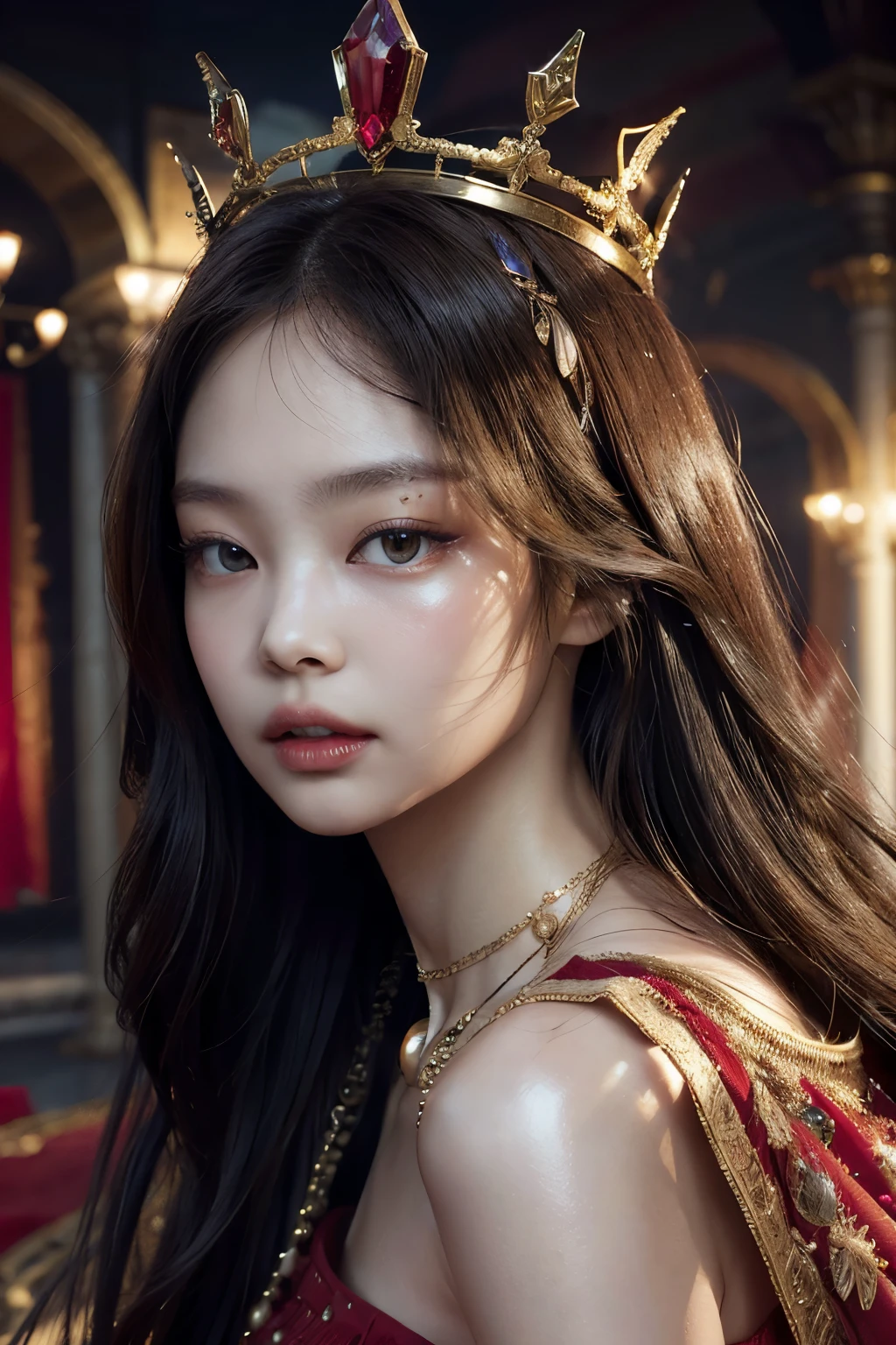 Jennie reimagined as a mythical queen wearing long gorgeous red gown ...